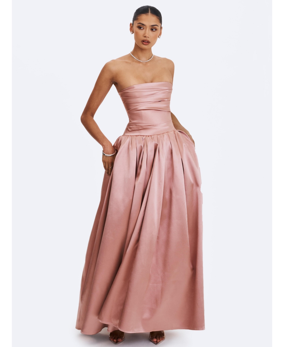 MISS CIRCLE NEW YORK Satin Strapless Gathered Maxi Dress